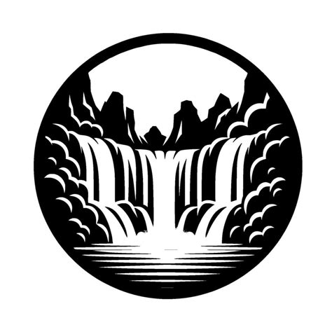 Circular Bw Illustration Of A Majestic Waterfall Cascading From Rocky