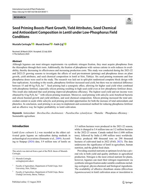 Pdf Seed Priming Boosts Plant Growth Yield Attributes Seed Chemical