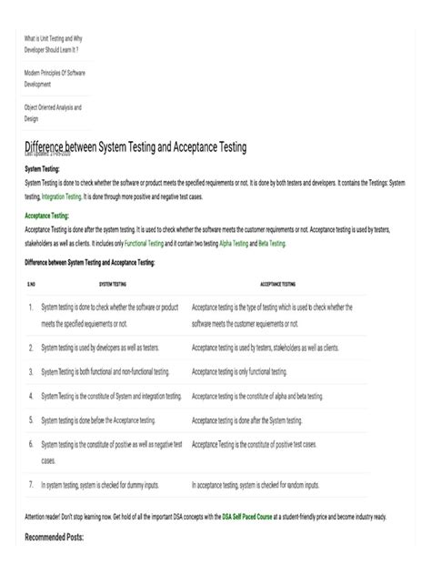 Test Comparation Difference Between System Testing And Acceptance Testing Geeksforgeeks Pdf