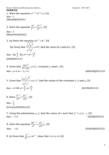 40370606 Additional Mathematics Indices On2009 On2017 Teaching