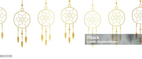 원활한 국경 드림 캐처 골든 메탈릭 호일 벡터 일러스트 수평 헤더 패턴을 반복 손으로 그린 꿈 포수 초대장 카드 보헤미안 장식을 위한 우아한 반짝이는 골드 호일 텍스처 금