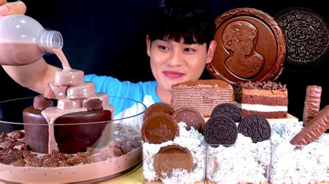 Asmr 초코우유속에 초코케이크😋쿠키앤크림and빈츠 트윅스 오레오 초코 크레이프먹방 Chocolate Cake With Choco