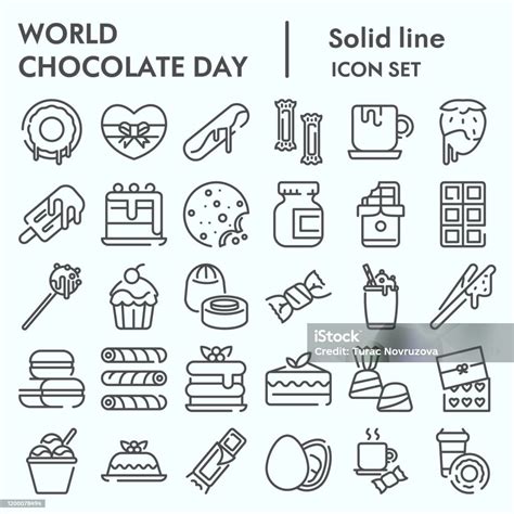 세계 초콜릿 데이 라인 아이콘 세트 초콜릿과 과자 세트 기호 컬렉션 벡터 스케치 로고 일러스트 레이션 컴퓨터 웹 표지판 흰색 배경에 고립 된 선형 Pictograms 패키지