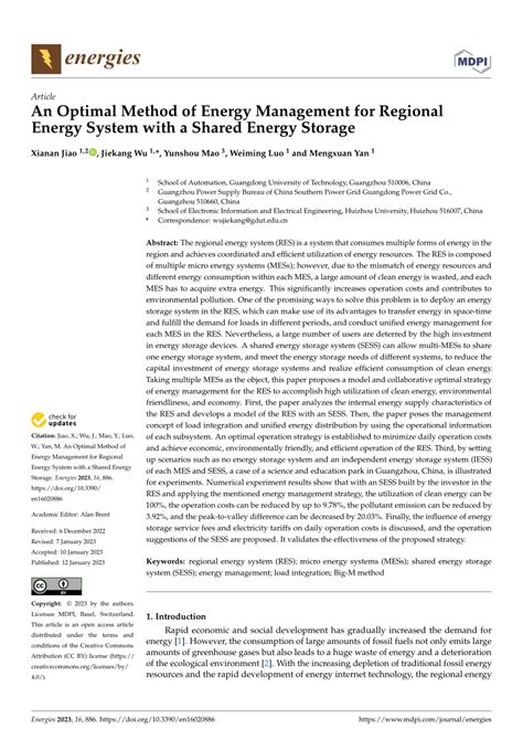 Pdf An Optimal Method Of Energy Management For Regional Energy System