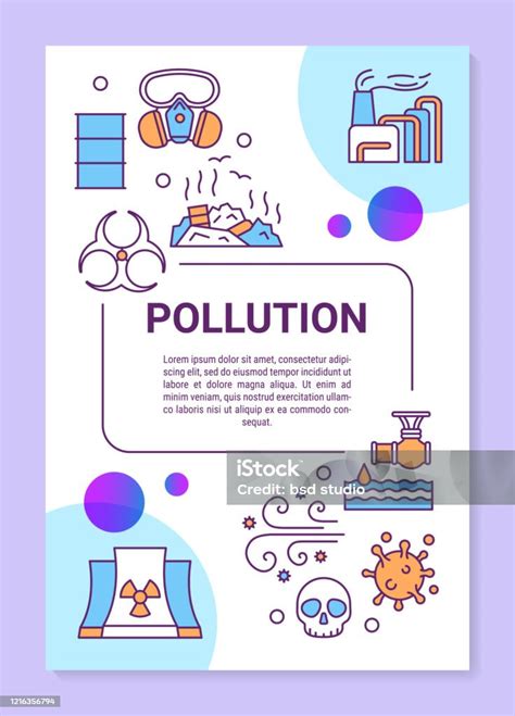 오염 포스터 템플릿 레이아웃입니다 환경 피해 배너 소책자 선형 아이콘이있는 전단지 인쇄 디자인 공장 폐기물 잡지 광고 전단지에 대한 벡터 브로셔 페이지 레이아웃 0명에 대한