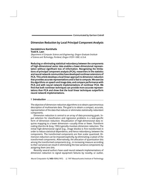 Pdf Dimension Reduction By Local Principal Component Analysis