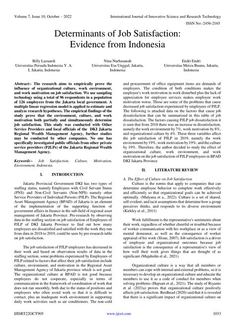Pdf Determinants Of Job Satisfaction Evidence From Indonesia