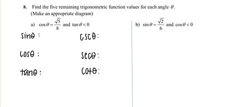 solved 8 find the five remaining trigonometric function