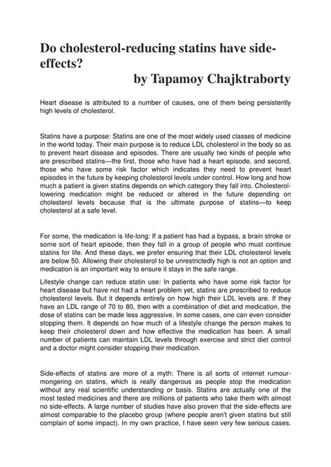 Pdf Do Cholesterol Reducing Statins Have Side Effects By Tapamoy Chajktraborty