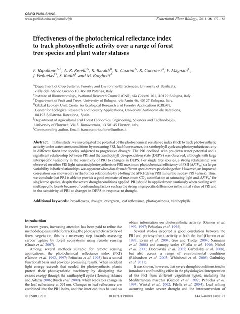 Pdf Effectiveness Of The Photochemical Reflectance Index To Track Photosynthetic Activity Over
