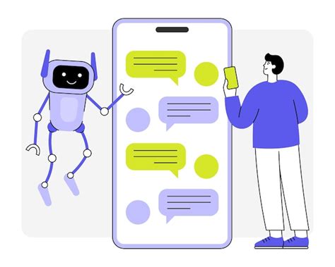 귀여운 채팅 캐릭터와 남자 평평한 터 일러스트레이션 전화에 있는 가상 보조 인공지능 로 프리미엄 벡터