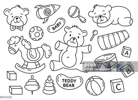 어린이 장난감의 요소 세트 테디 베어 피라미드 번들 큐브 드럼 흰색 배경에 격리 된 낙서 0명에 대한 스톡 벡터 아트 및 기타