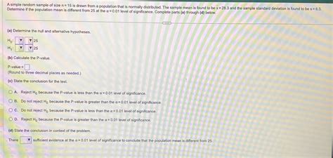 solved a simple random sample of size n 15 ﻿is drawn from a