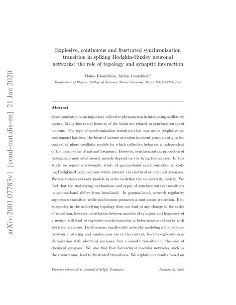 Pdf Explosive Continuous And Frustrated Synchronization Transition In Spiking Hodgkin Huxley