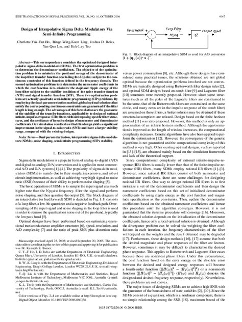 Pdf Design Of Interpolative Sigma Delta Modulators Via Semi Infinite Programming