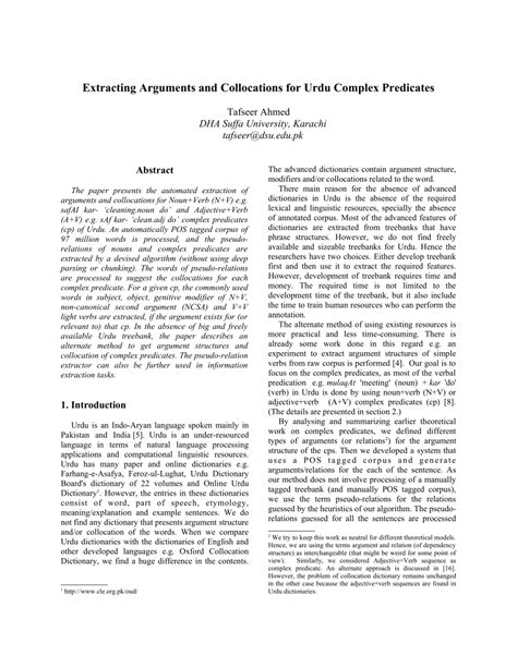 Pdf Extracting Arguments And Collocations For Urdu Complex Predicates