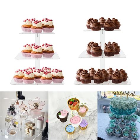 3 층 사각형 투명 아크릴 컵케익 케이크 스탠드 웨딩 디저트 디스플레이 스탠드 홀더 생일 파티 케이크 장식 도구 Aliexpress