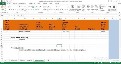 Risk And Issues Log Template