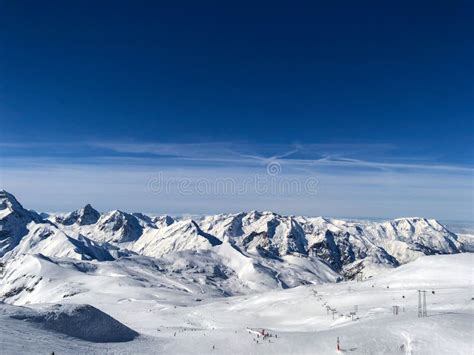 French Alps Les Deux Alpes Resort View From Glacier With Ski Lift Stock