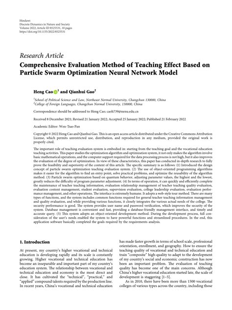 Pdf Comprehensive Evaluation Method Of Teaching Effect Based On Particle Swarm Optimization