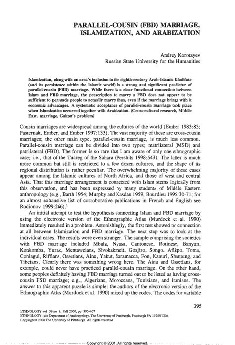 Pdf Parallel Cousin Fbd Marriage Islamization And Arabization