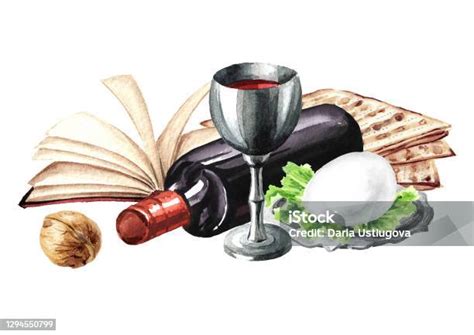 유월절 세더 전통 식사 페사흐 카드 유대인 종교 휴일의 개념 흰색 배경에 격리 된 수채화 손으로 그린 일러스트레이션 수채화에 대한 스톡 벡터 아트 및 기타 이미지 Istock