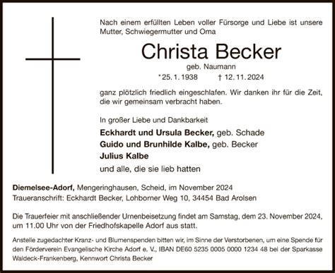Traueranzeigen Von Christa Becker Trauerwlz Onlinede