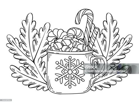 음료와 과자의 색칠하기 크리스마스 컵 전나무 가지 마시멜로와 핫 초콜릿 손으로 그린 벡터 낙서 그림입니다 어린이와 성인을위한 색칠 공부 책 블랙 화이트 라인 아트 겨울에