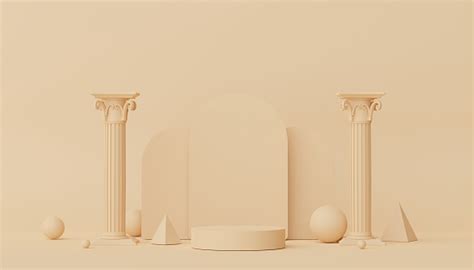 그리스 고대 바로크 기둥 배경이 있는 추상 최소 디스플레이 연단의 3d 렌더링 모형 및 제품 프레젠테이션을 위한 받침대 디자인