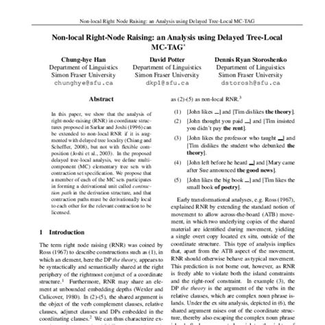 Non Local Right Node Raising An Analysis Using Delayed Tree Local Mc Tag Acl Anthology