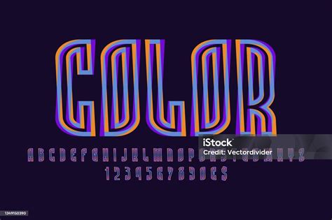 색상 예술 디스플레이 글꼴 윤곽 오렌지 파란색 보라색 문자 숫자와 통화 표지판 격리 된 벡터 영어 알파벳 0명에 대한 스톡 벡터