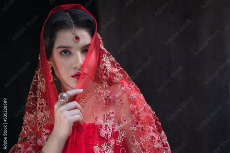 Beautiful Portrait Pretty Woman Red Dressed As An Indian Sexy Girl With