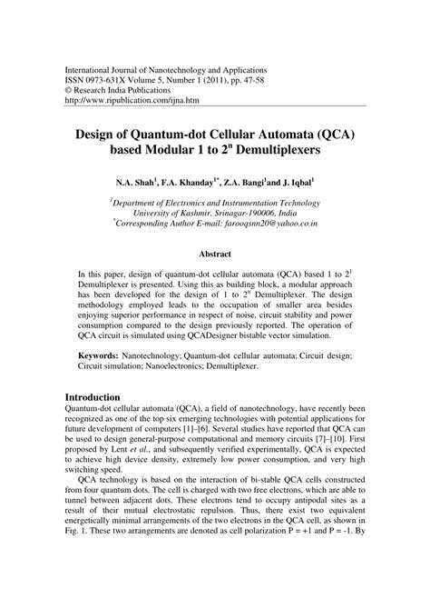Pdf Design Of Quantum Dot Cellular Automata Qca Based Modular 2n 1