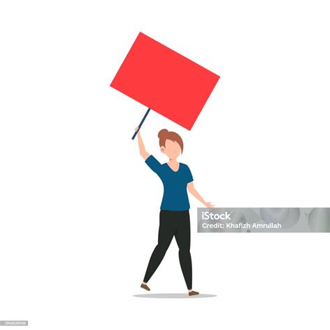 빈 현수막을 평평하게 들고 있는 젊은 여성의 만화 캐릭터 일러스트 여성 시위대 나 운동가 정치 회의 및 항의 벡터 개념 격리 거리에 대한 스톡 벡터 아트 및 기타 이미지