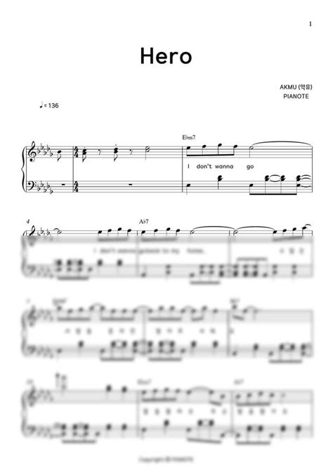 악보 Akmu 악뮤 Hero 히어로 원키 By 피아노트pianote