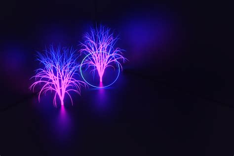 밤에 어두운 방에 반지가 있는 네온 나무 3d 렌더링 그림입니다 0명에 대한 스톡 사진 및 기타 이미지 0명 3차원 형태 가상현실 Istock