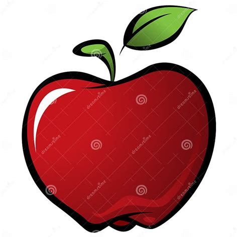 Cartoon Shiny Delicious Red Vector Fresh Apple With Green Leaf Stock