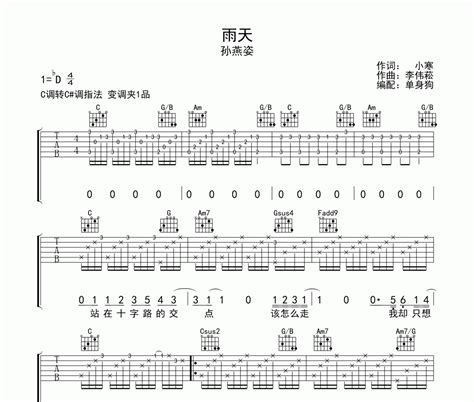 雨天吉他谱 孙燕姿 雨天六线谱c调 318曲谱