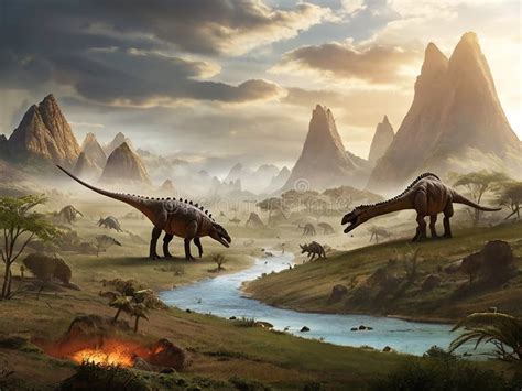 Prehistoric Landscape Of Dinosaurs Roaming The Earth In An Ancient