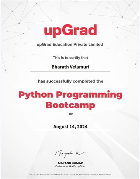 Bharath Velamuri On Linkedin Python Bootcamp Certification Learning Upgrad Datascience Mlai