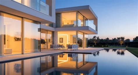 Luxury Modern Villa At Sunset With Pool Reflection Stock Illustration