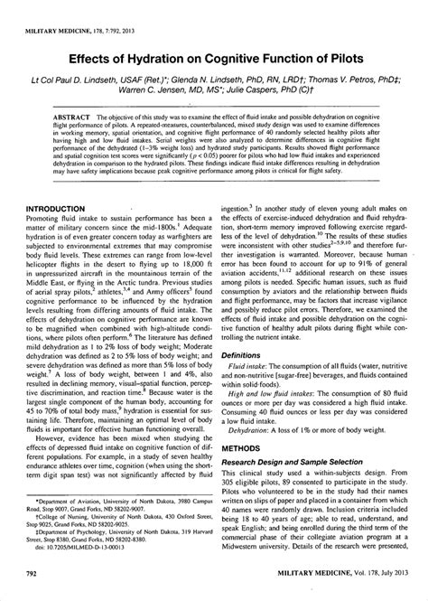 Pdf Effects Of Hydration On Cognitive Function Of Pilots
