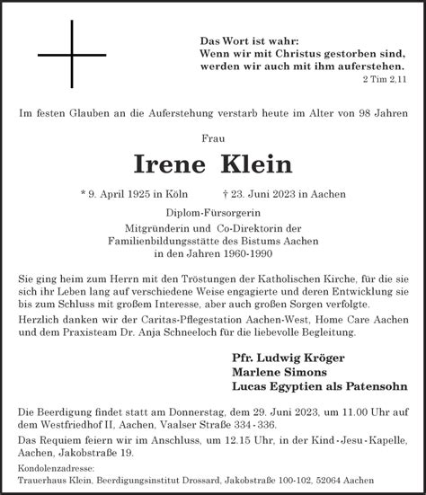 Traueranzeigen Von Irene Klein Aachen Gedenkt
