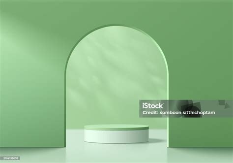 추상 3d 녹색과 흰색 실린더 연단 배경 나뭇잎 그림자 아치 게이트 제품 전시 모형 발표 파스텔 미니멀 벽 장면 무대 쇼케이스 플랫폼 벡터 기하학적 디자인 다층 효과에 대한