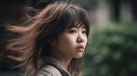 바람에 날리는 머리카락을 가진 소녀 머리를 휘날리며 오른쪽을 바라보는 젊은 여성 고화질 사진 사진 코 배경 일러스트 및 사진 무료 다운로드 Pngtree