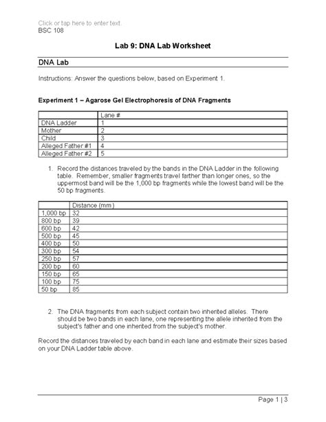 Lab Worksheet 9 Lab 9 Click Or Tap Here To Enter Text Bsc 108 Lab 9 Dna Lab Worksheet Page