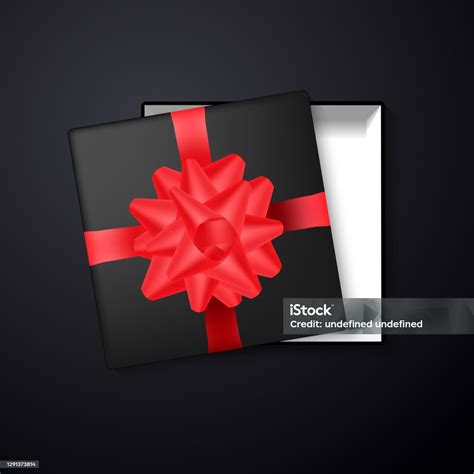 기프트 박스 빨간색 리본과 활 상단 보기와 현실적인 블랙 박스 3차원 형태에 대한 스톡 벡터 아트 및 기타 이미지 3차원 형태 개념 검은색 Istock