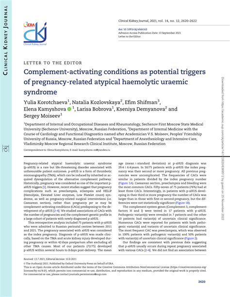 Pdf Complement Activating Conditions As Potential Triggers Of Pregnancy Related Atypical