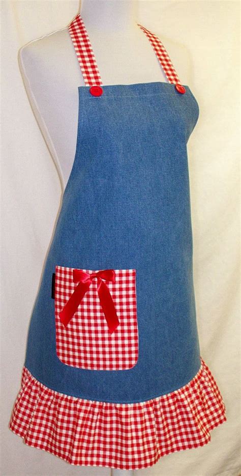 Apron Blue Denim With Red And White Checks Americana Hostess Fun Cute