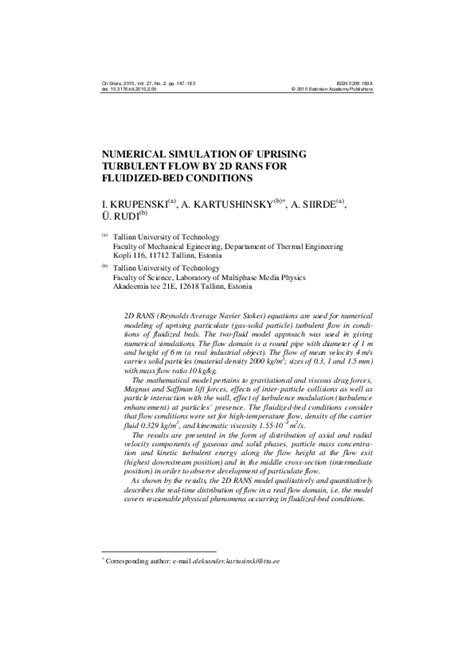 Pdf Numerical Simulation Of Uprising Turbulent Flow By 2d Rans For Fluidized Bed Conditions